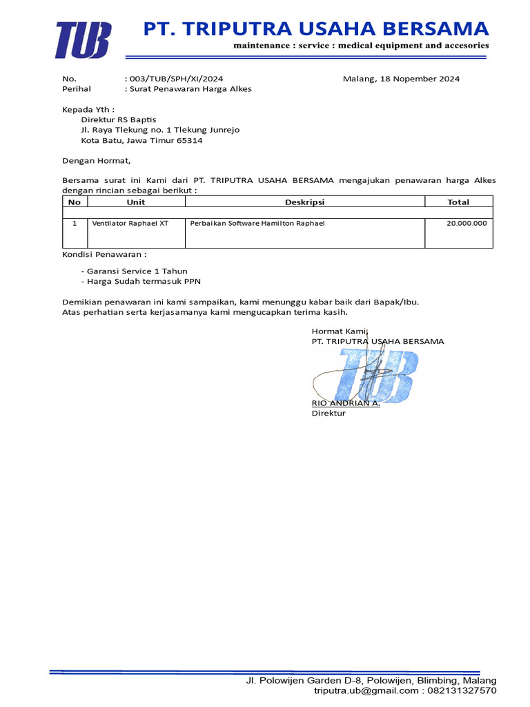 Penawaran Harga Alkes untuk RS Baptis | PDF