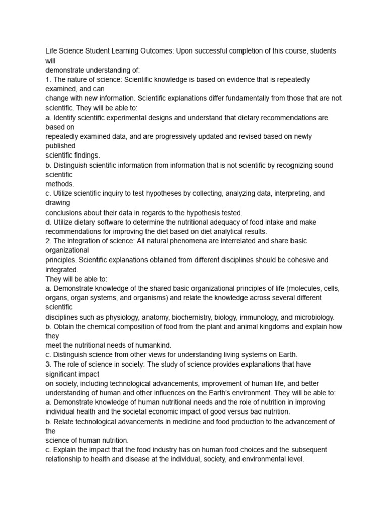 Life Science Learning Outcomes Overview | PDF | Gene | Cell (Biology)