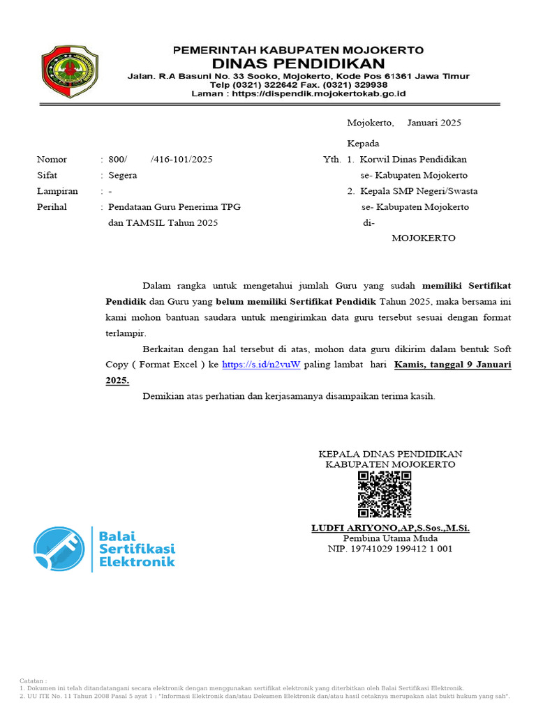 Surat Pendataan TPG Dan Tamsil 2025 - TTD | PDF