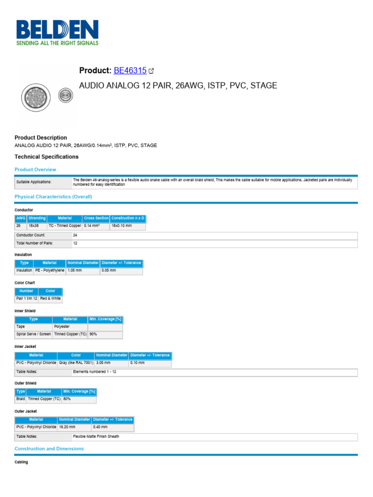BE46315 - Techdata - PDF - Audio Analog | PDF | Polyvinyl Chloride | Electrical Engineering
