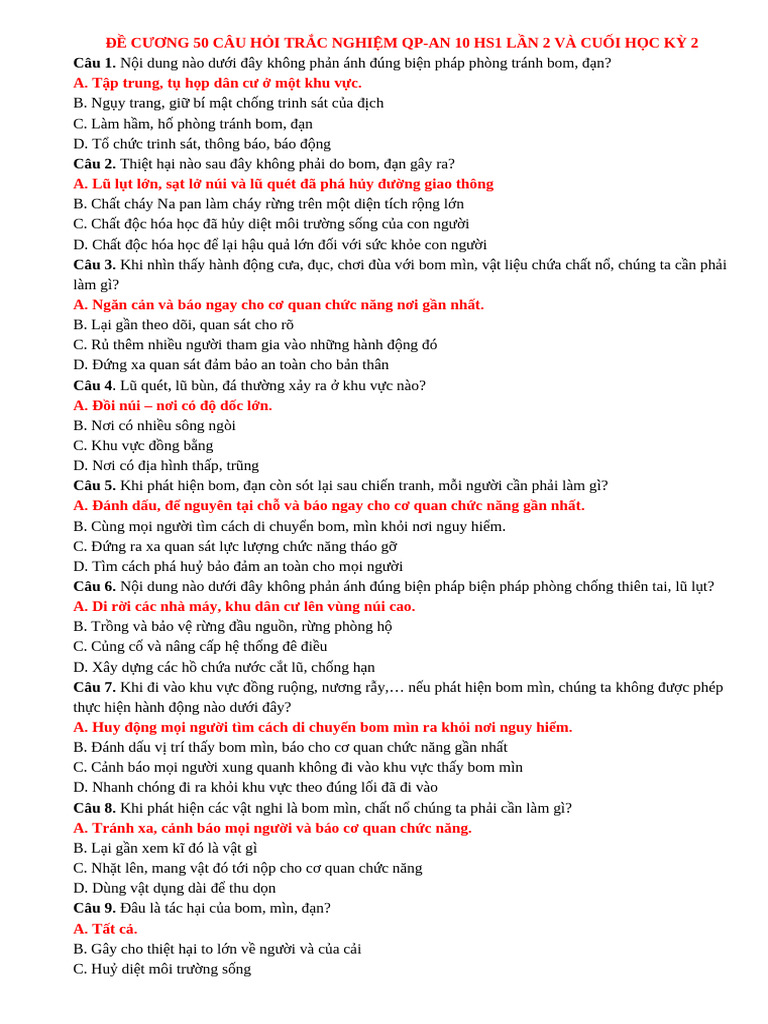 ĐỀ CƯƠNG 50 CÂU QPAN10 KT HS1 LẦN 2 VÀ CUỐI HỌC KỲ HK2 | PDF