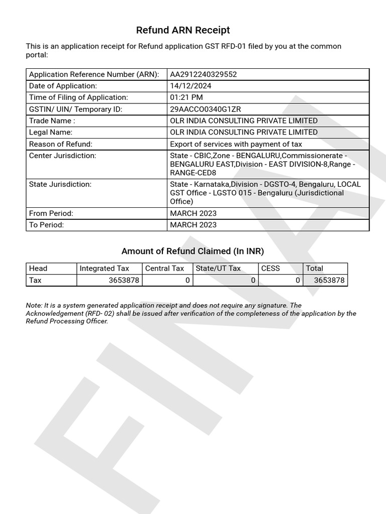 Arn Receipt Gst Rfd-01 29aacco0340g1zr Expwp 202303 | PDF