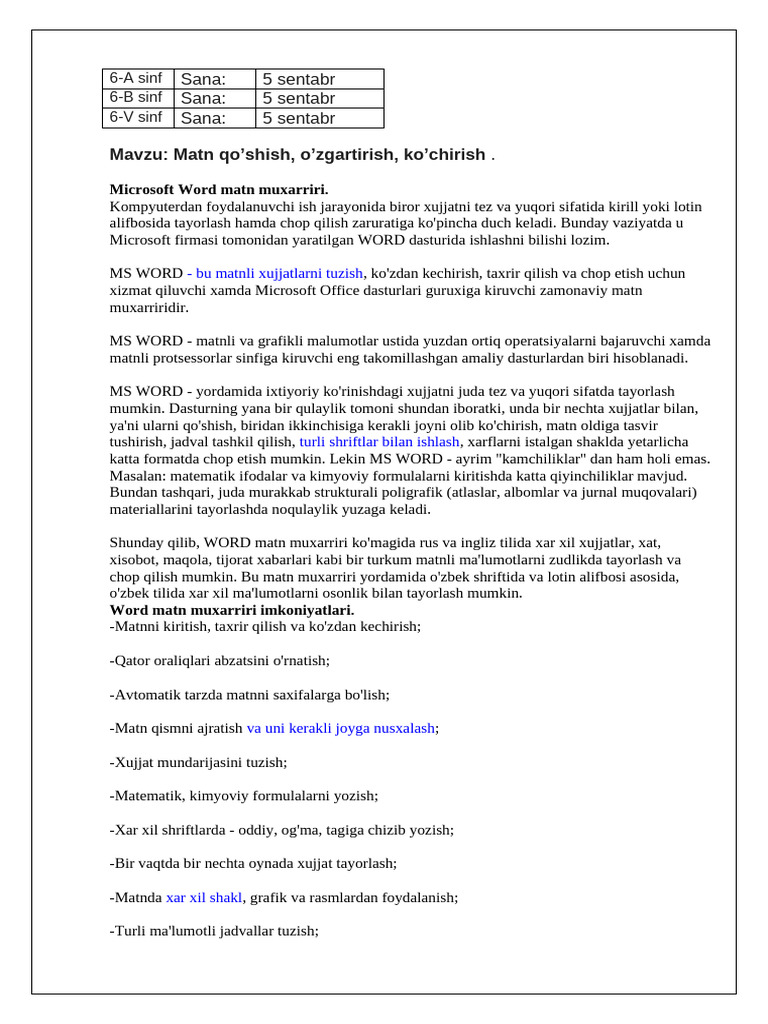 6-sinf dars konspektlari | PDF