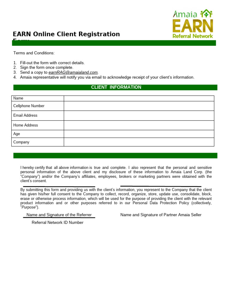 EARN Online Client Registration Form | PDF