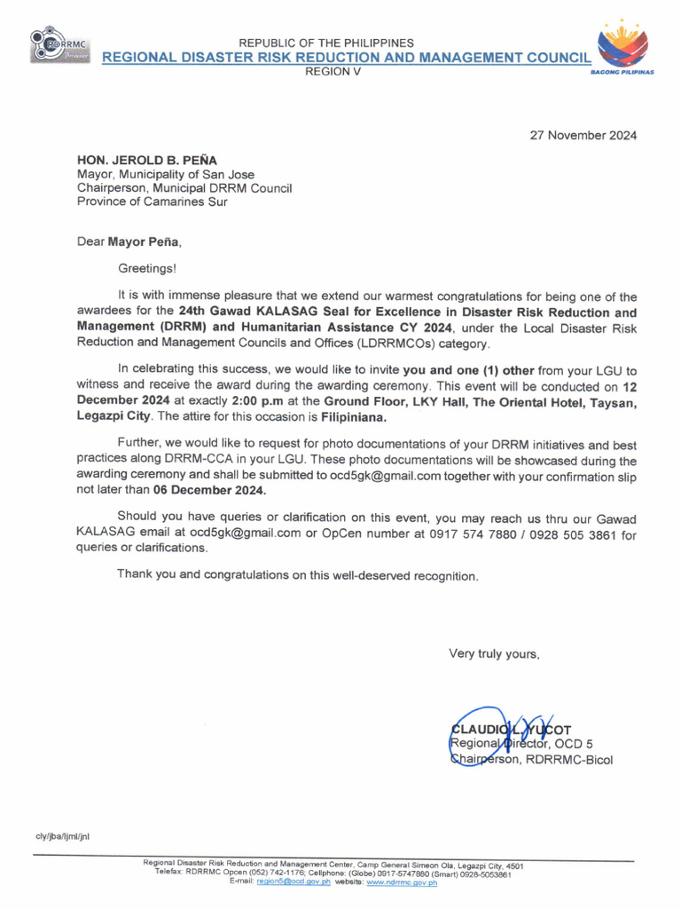 Gawad KALASAG Invitation Letter (San Jose) | PDF Gawad KALASAG Invitation Letter (San Jose) | PDF