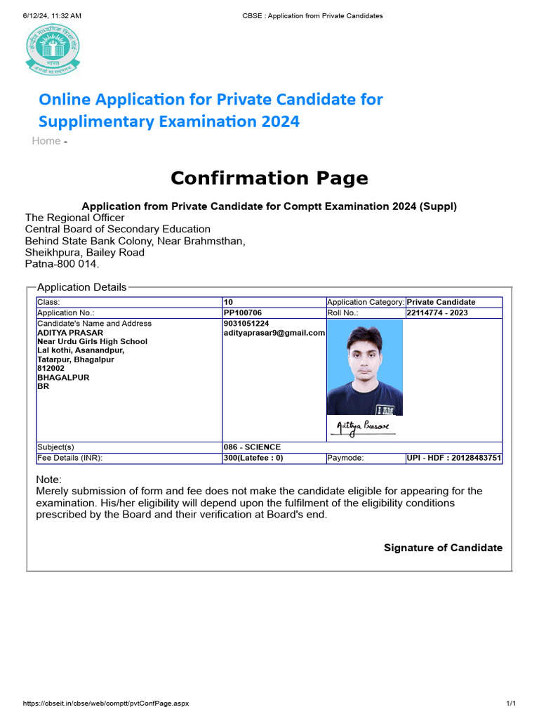 CBSE - Application From Private Candidates | PDF