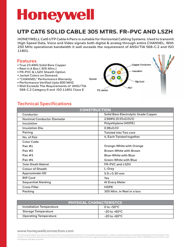 Honeywell Cat6 UTP Cable Specifications | PDF | Electrical Engineering ...