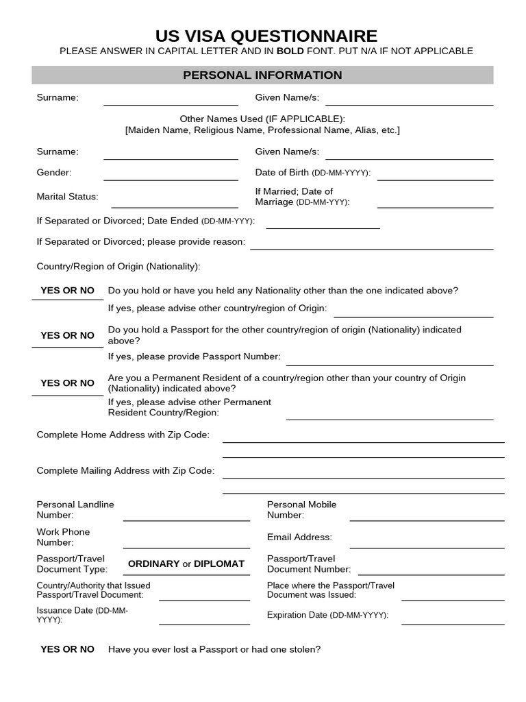 US Visa Questionnaire | PDF | Travel Visa | Passport