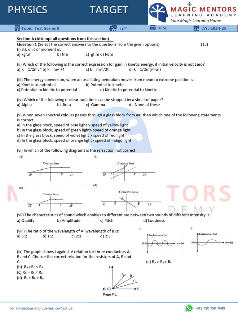 ICSE Physics Paper 8 - 2024-25 | PDF | Heat | Light