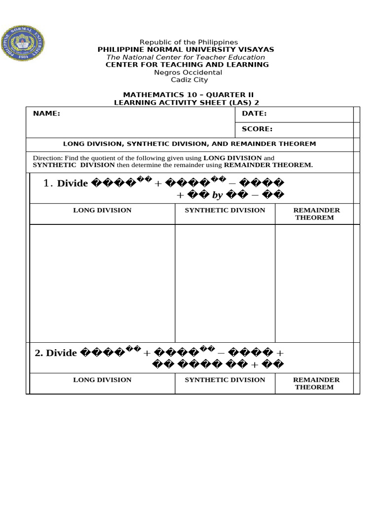 Division of Polynomials and Remainder Theorem | PDF