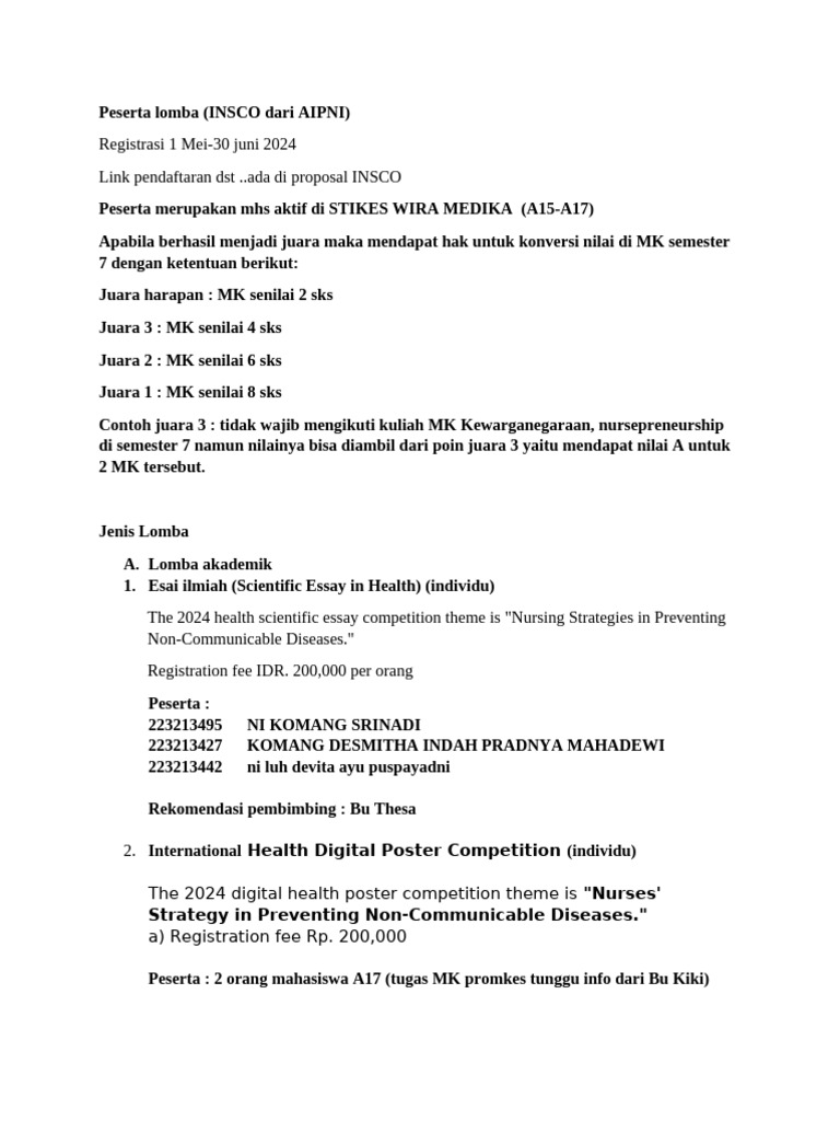 Peserta Lomba INSCO AIPNI 2024 Wira Medika | PDF