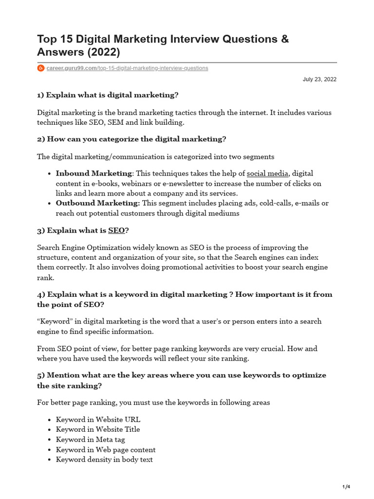 Top 15 Digital Marketing Interview Questions Amp Answers 2022 | PDF ...