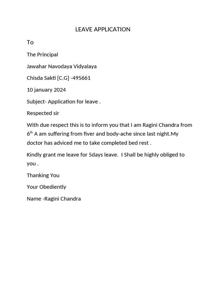 Leave Application for 5 Days Sick Leave | PDF