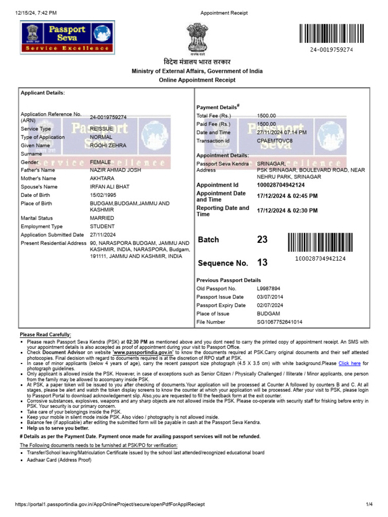 Appointment Receipt | PDF | Identity Document | Passport