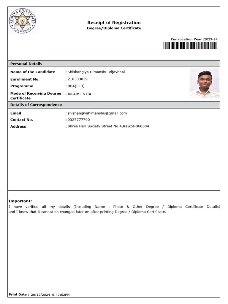 Convocation Receipt | PDF