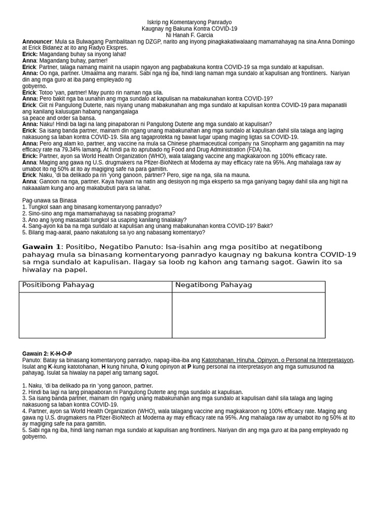 Iskrip NG Komentaryong Panradyo Activity 1 and 2 | PDF