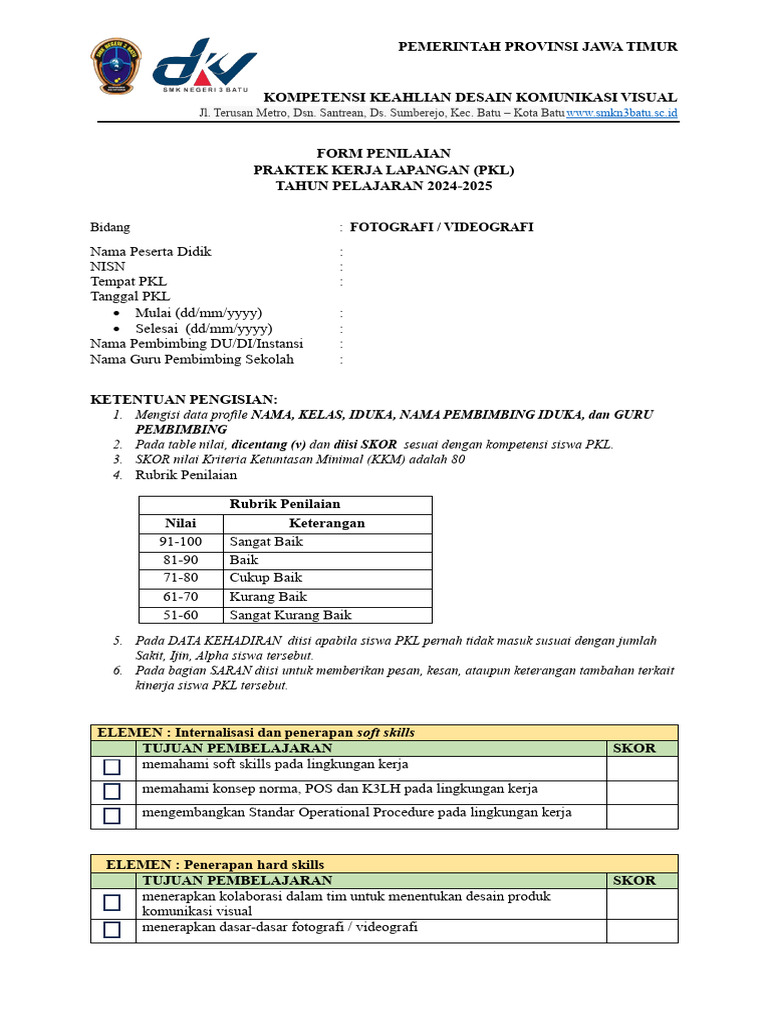 FORM_PENILAIAN_PKL_DKV_-_FOTOGRAFI-VIDEOGRAFI[REV-2] | PDF