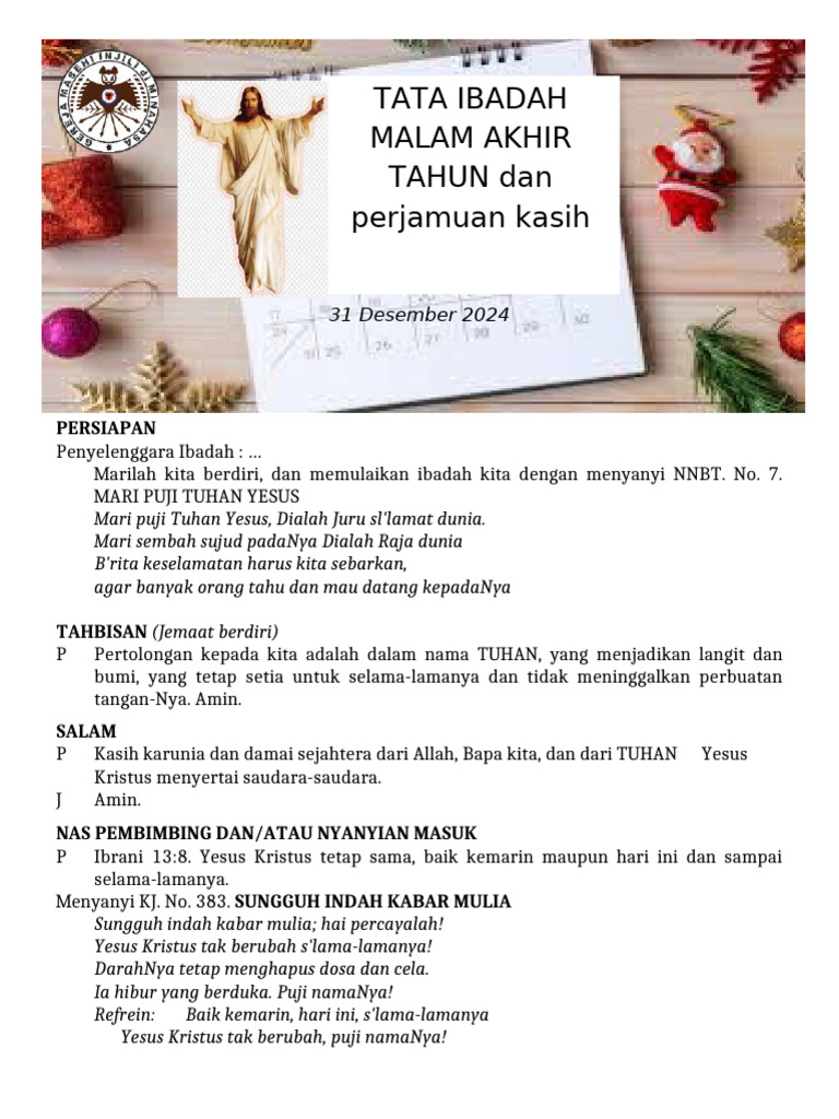 Tata Ibadah Malam Akhir Tahun 2024 Dan Perjamuan Kasih | PDF