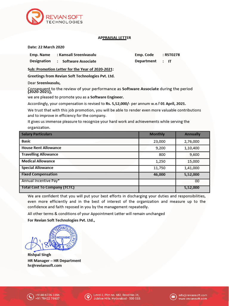 Sreenivasulu - 2021 Appraisal Letter PDF | PDF