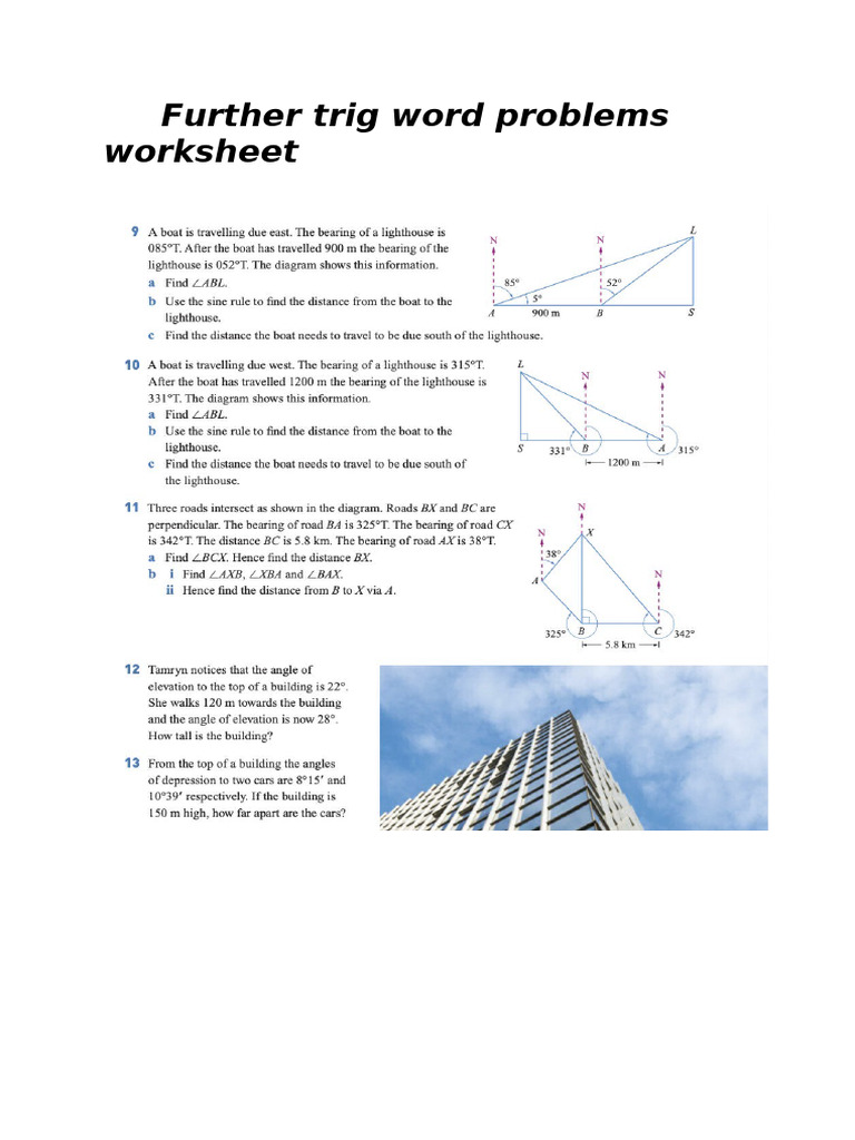 Further Trig Word Problems Worksheet | PDF