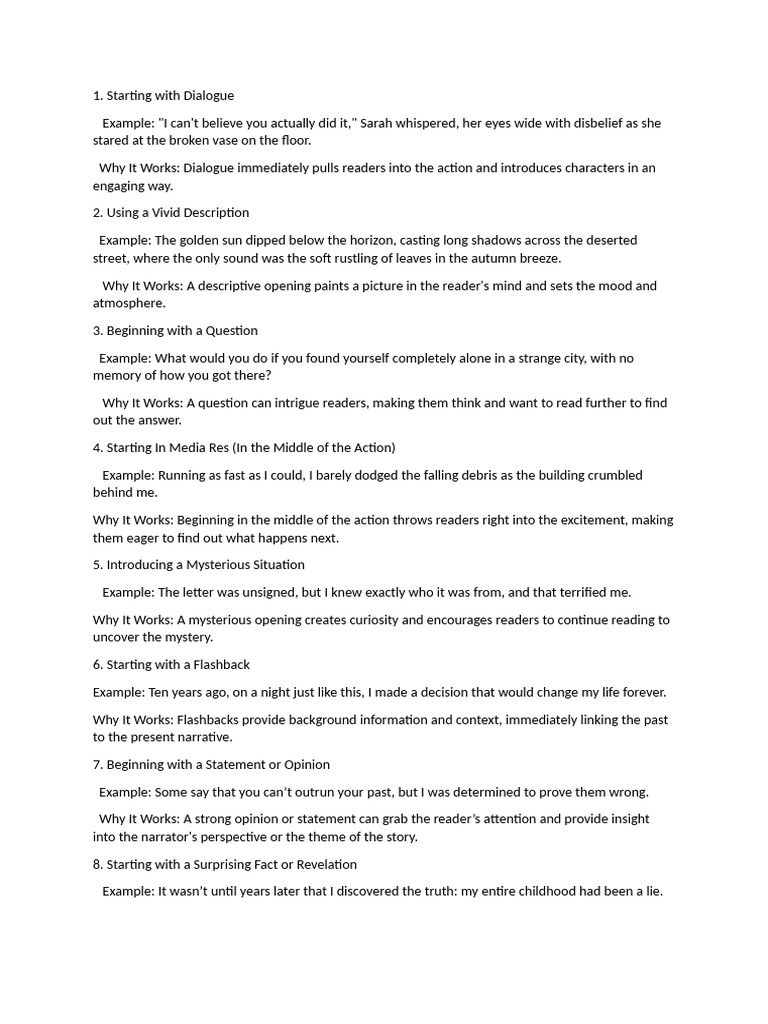 Narrative First Paragraph Starters | PDF | Narration