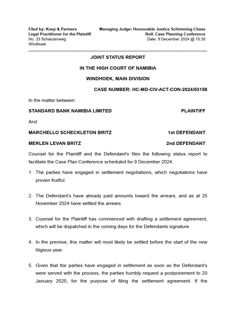 Joint Status Report - SBN and Marchello and Merlen Britz | PDF ...