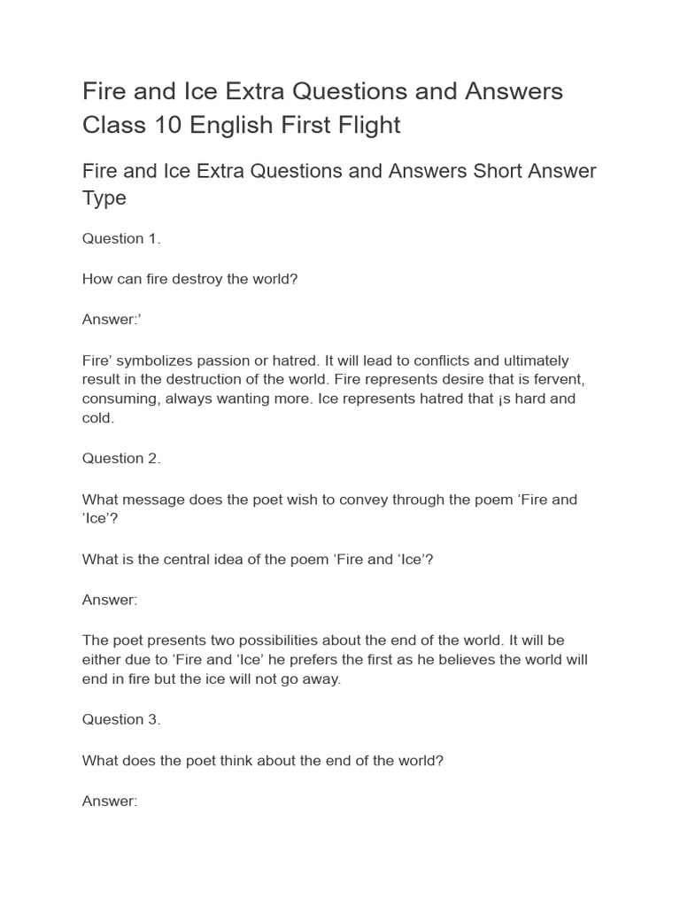 Class 10 Fire and Ice Extra Q&A | PDF | Greed | Hatred