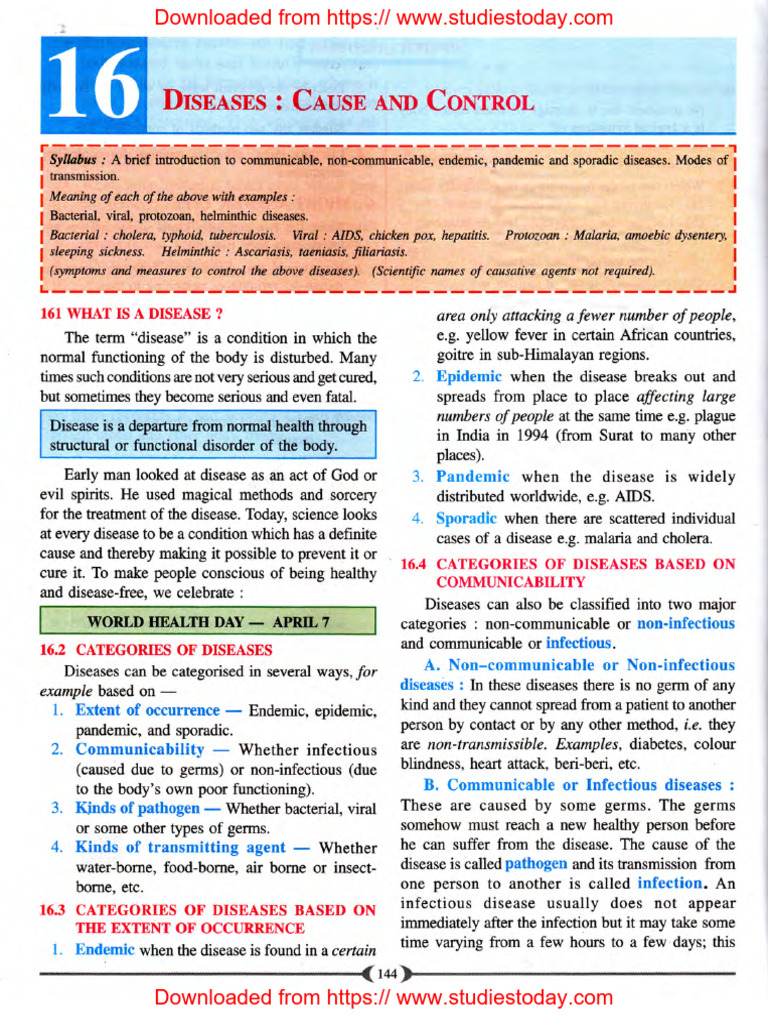ICSE Selina Class 9 Biology Chapter 16 Diseases Cause and Control | PDF