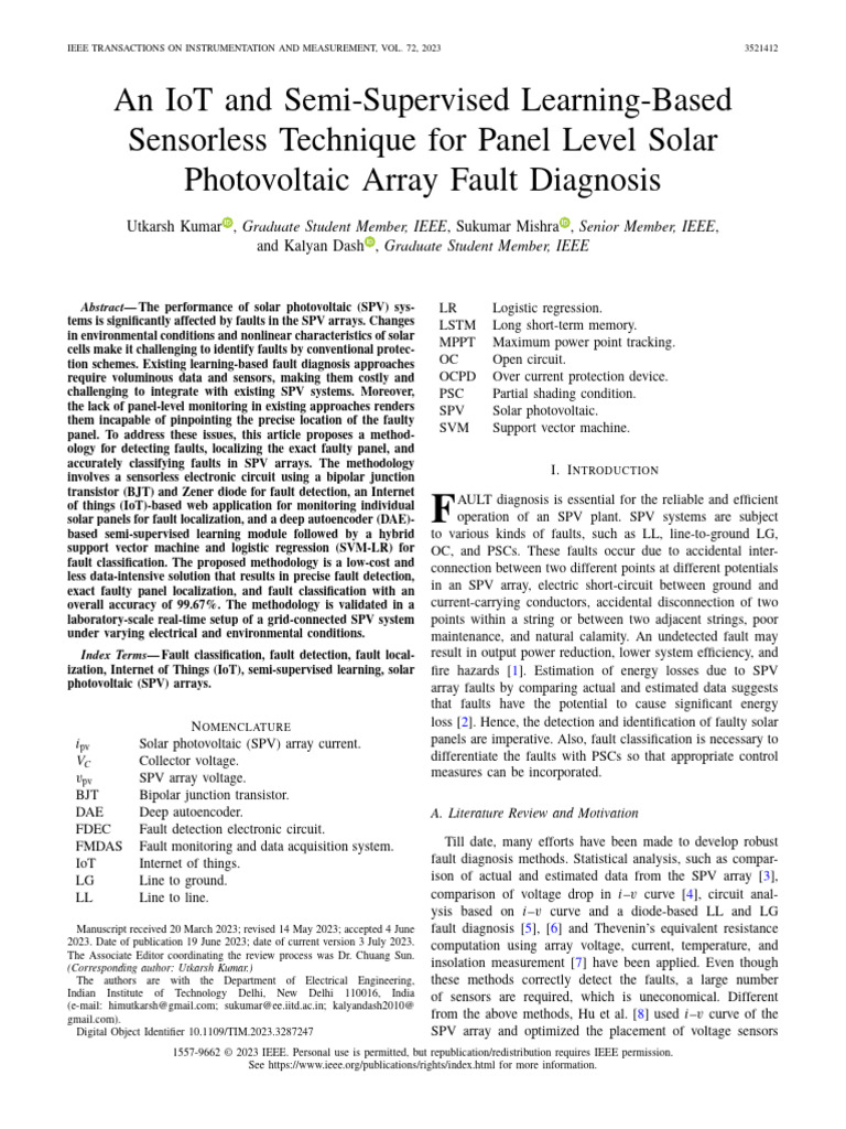An IoT and Semi-Supervised Learning-Based Sensorless Technique For Panel Level Solar ...