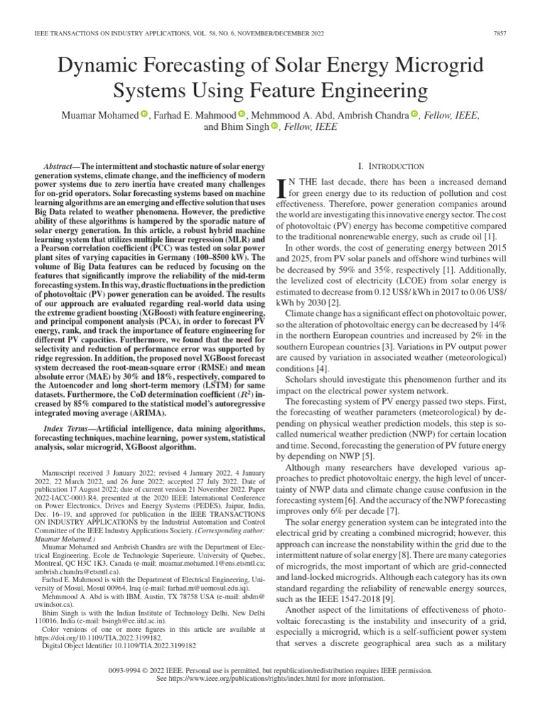 Dynamic Forecasting of Solar Energy Microgrid Systems Using Feature Engineering | PDF ...