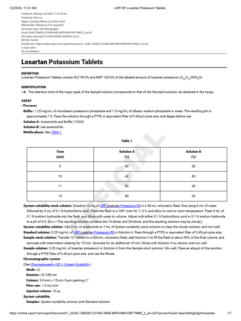 Losartan Potassium Tablets USP Monograph | PDF | Chromatography ...