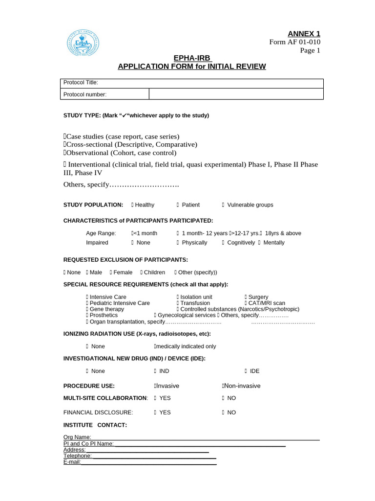 Initial Review Application EPHA-IRB | PDF