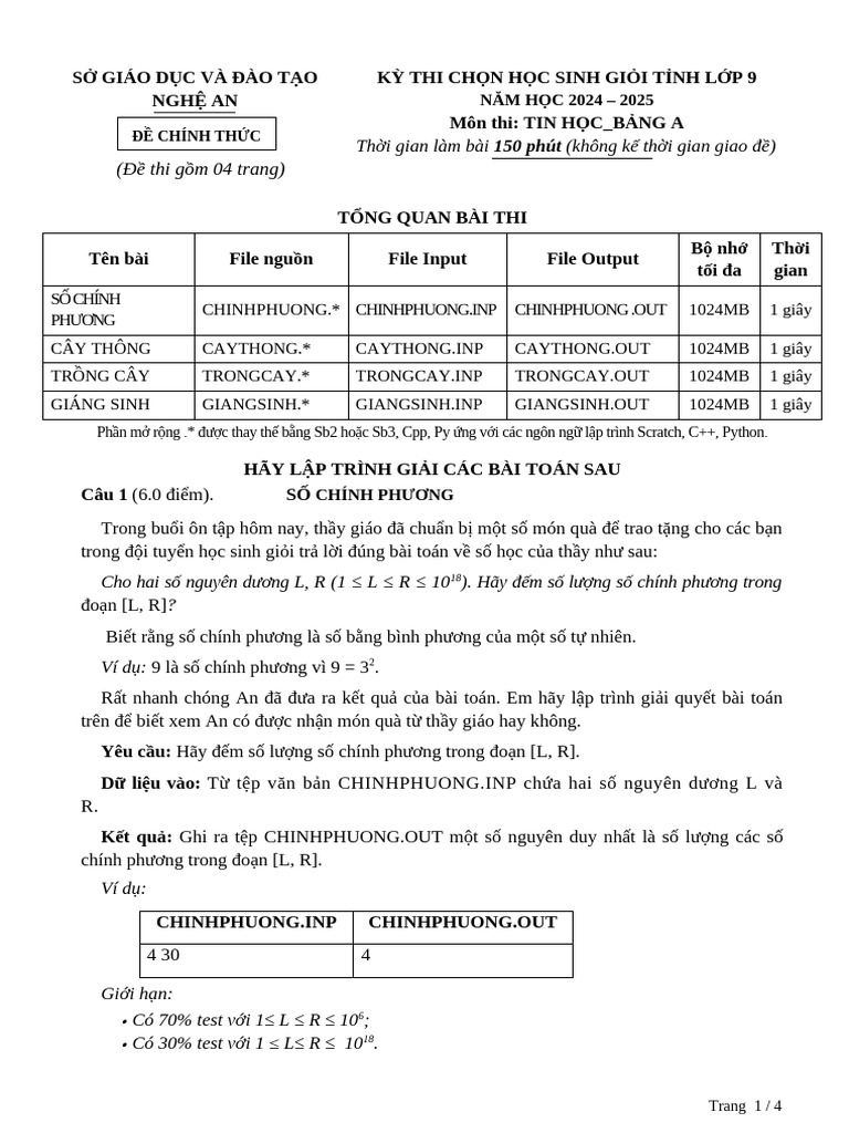 Bang A - Đề HSG9 - 2024 Môn Tin Học | PDF