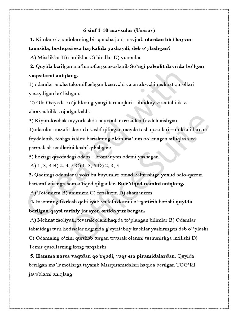6-Sinf 1-10 Mavzular (Usarov) . | PDF