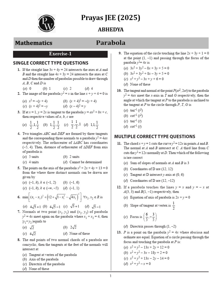 Parabola - Standard Practice Sheet (JEE Advanced)- Abhedya | PDF ...
