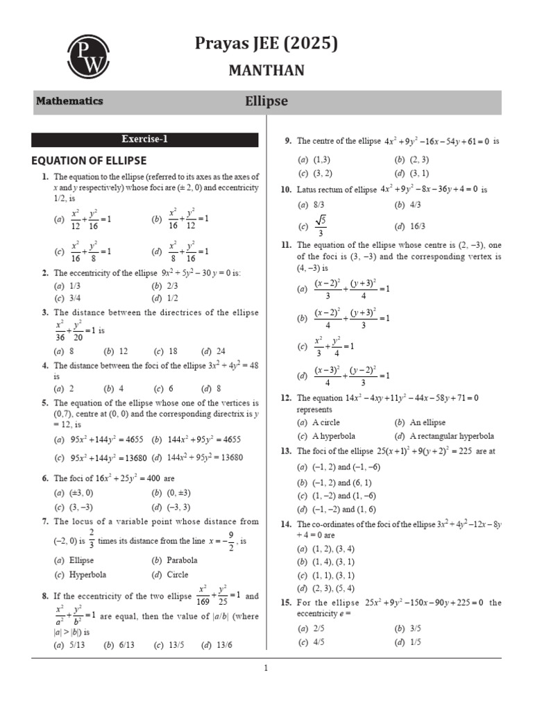 Ellipse - Standard Practice Sheet (JEE Main) - Manthan Praya | PDF | Ellipse | Perpendicular