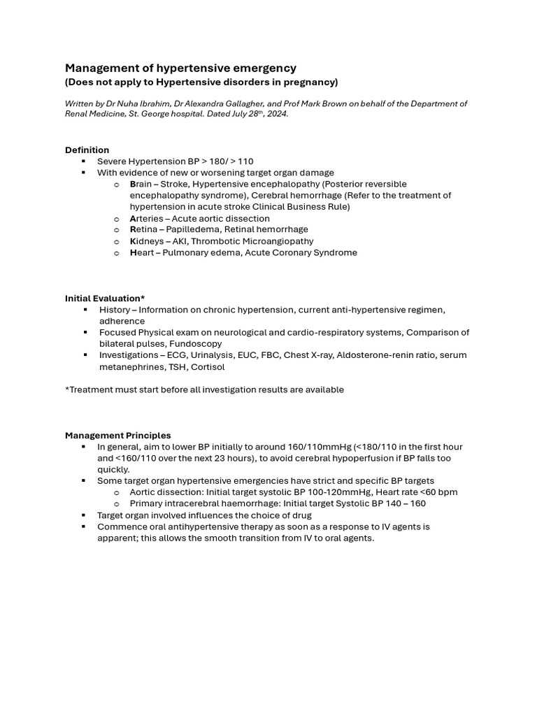 Management of Hypertensive Emergency V7 | PDF | Hypertension | Clinical ...