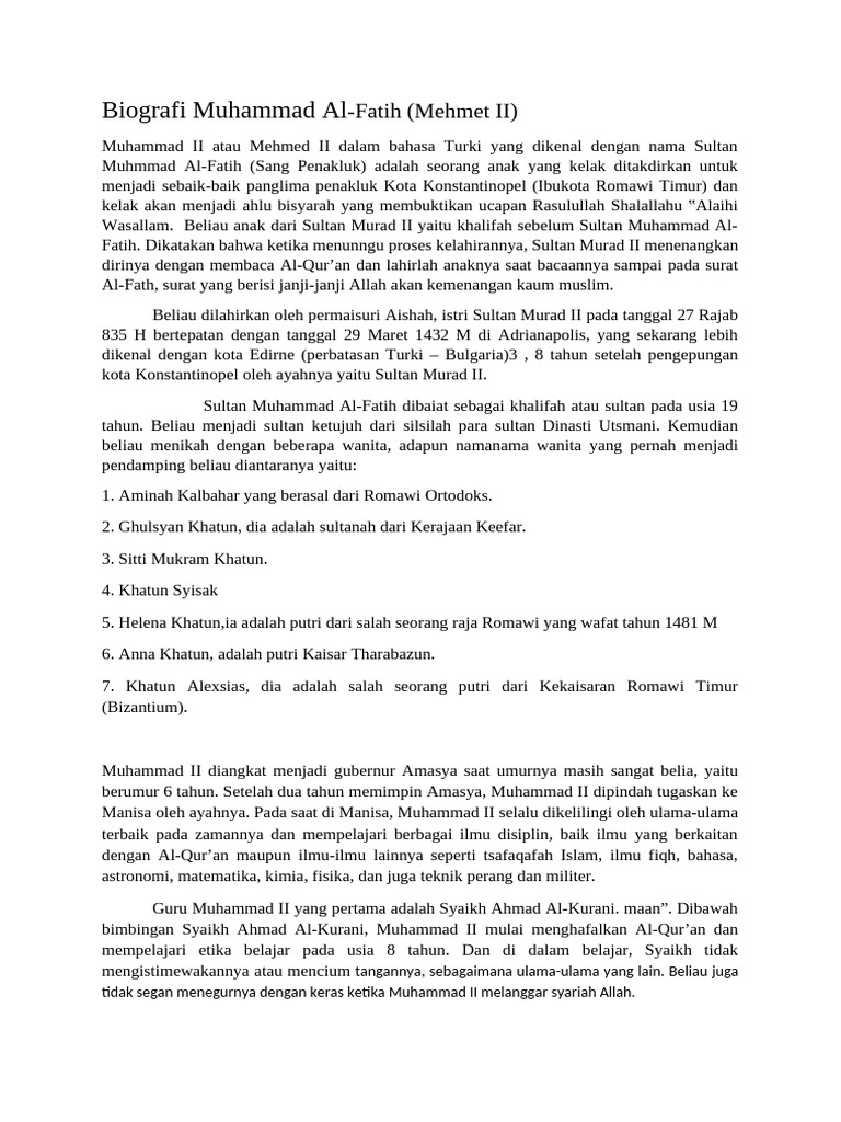 Biografi Sultan Muhammad Al-Fatih | PDF