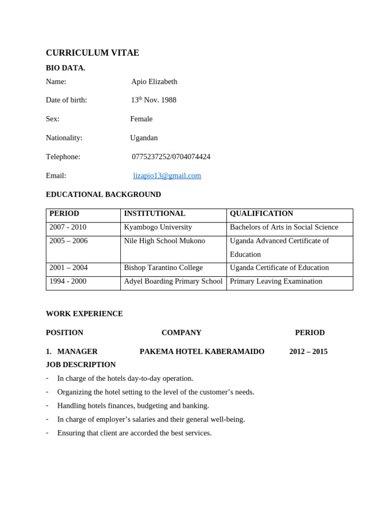 Apio Elizabeth CV: Managerial Roles | PDF | Uganda | Business