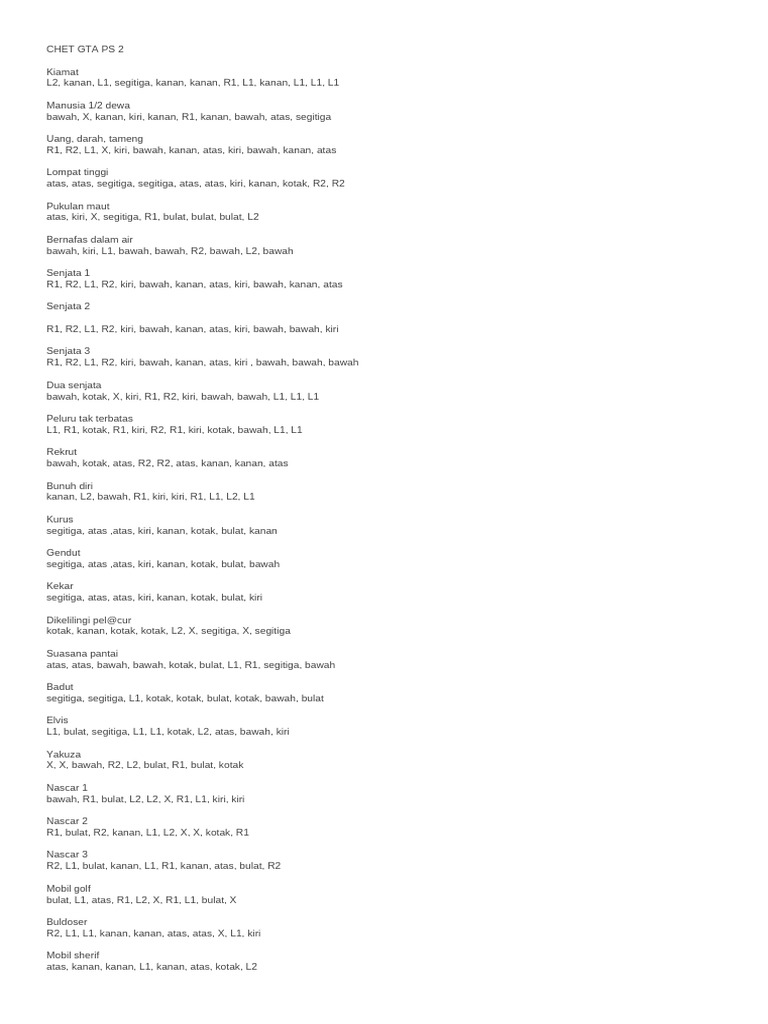 Cheat Kode GTA PS2 Lengkap | PDF