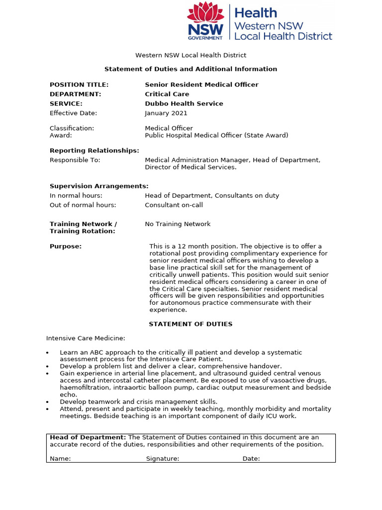 SRMO ICU Dubbo Additional Information and Statement of Duties | PDF ...