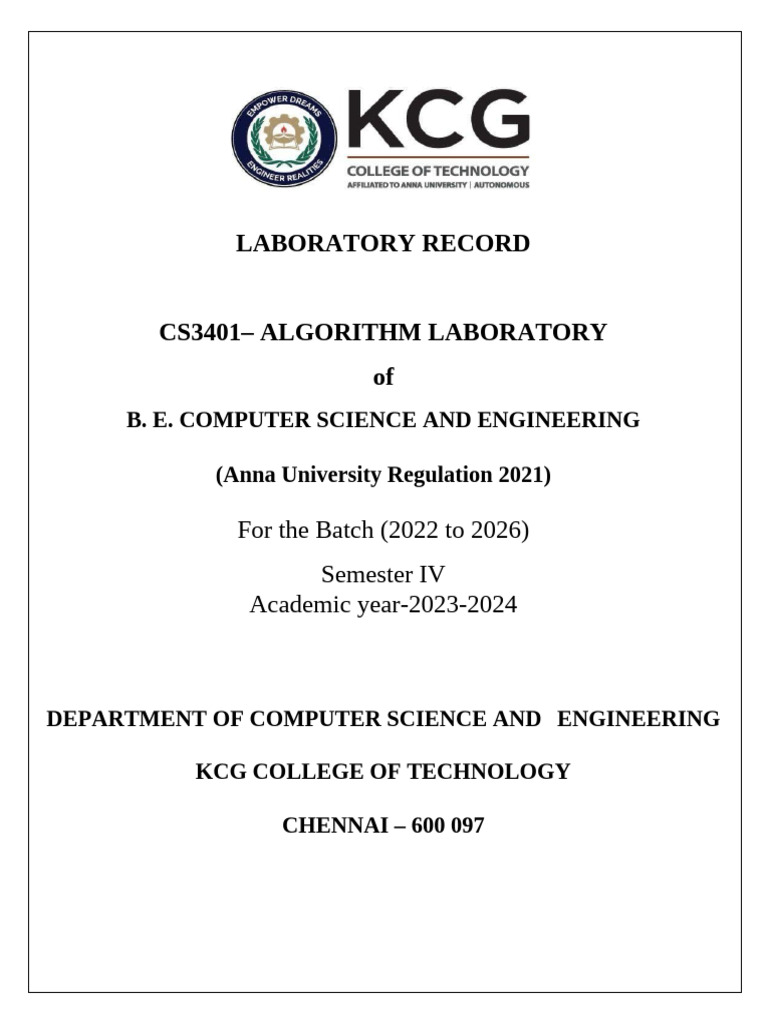 Cs3401 - Algorithm Lab Record | PDF | Engineering | Theoretical Computer Science