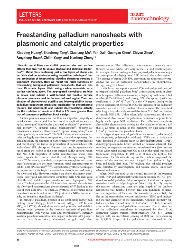 Freestanding Palladium Nanosheets With Plasmonic and Catalytic ...