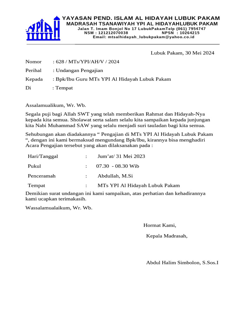 Undangan Pengajian Mts Ypi Al Hidayah Mei 2024 | PDF