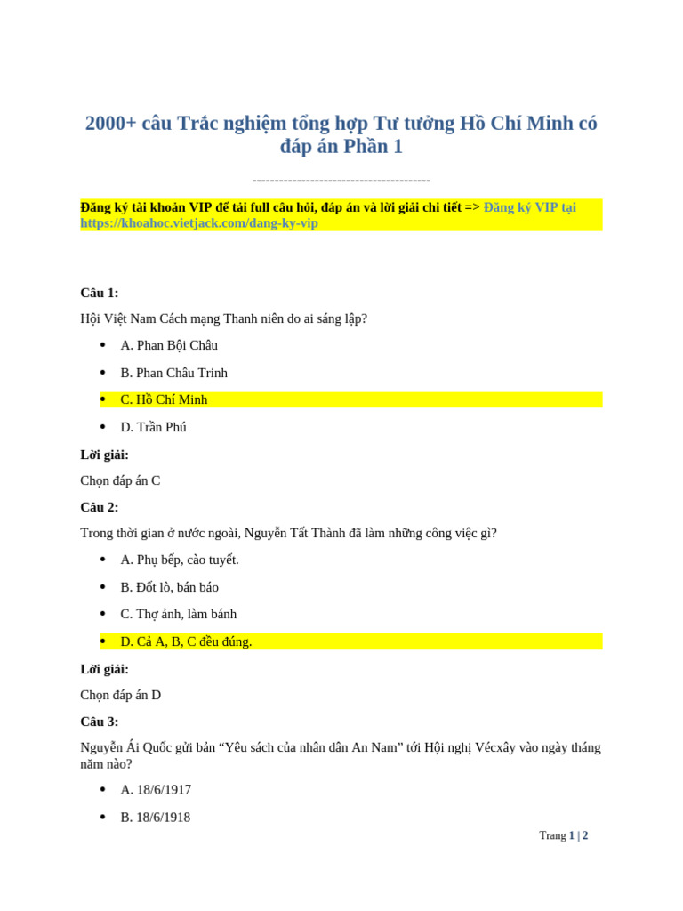 2000 Cau Trac Nghiem Tong Hop Tu Tuong Ho Chi Minh Co Dap An Phan 1 - 2024 - 12 - 21 | PDF