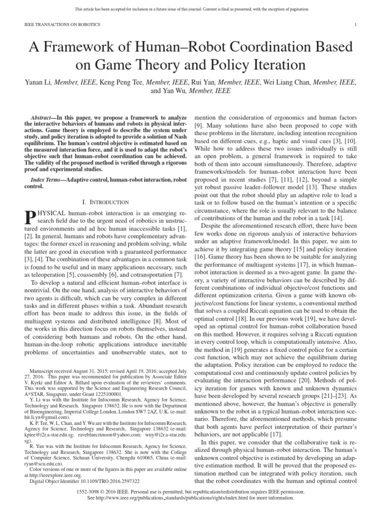 A Framework of Human–Robot Coordination Based on Game Theory and Policy ... A Framework of Human–Robot Coordination Based on Game Theory and Policy ...