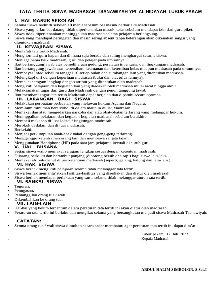 Tata Tertib Siswa MTs YPI Al Hidayah | PDF