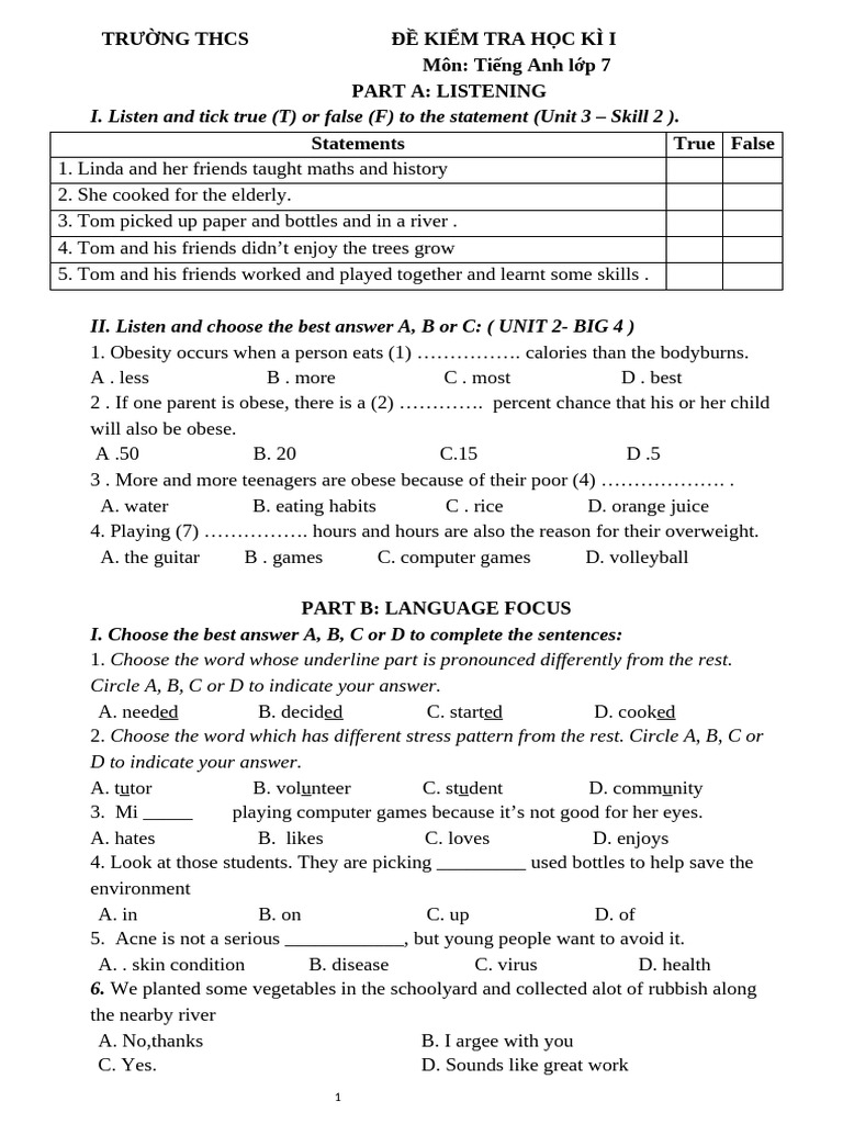 ĐỀ KT HKI TIẾNG ANH LỚP 7 | PDF