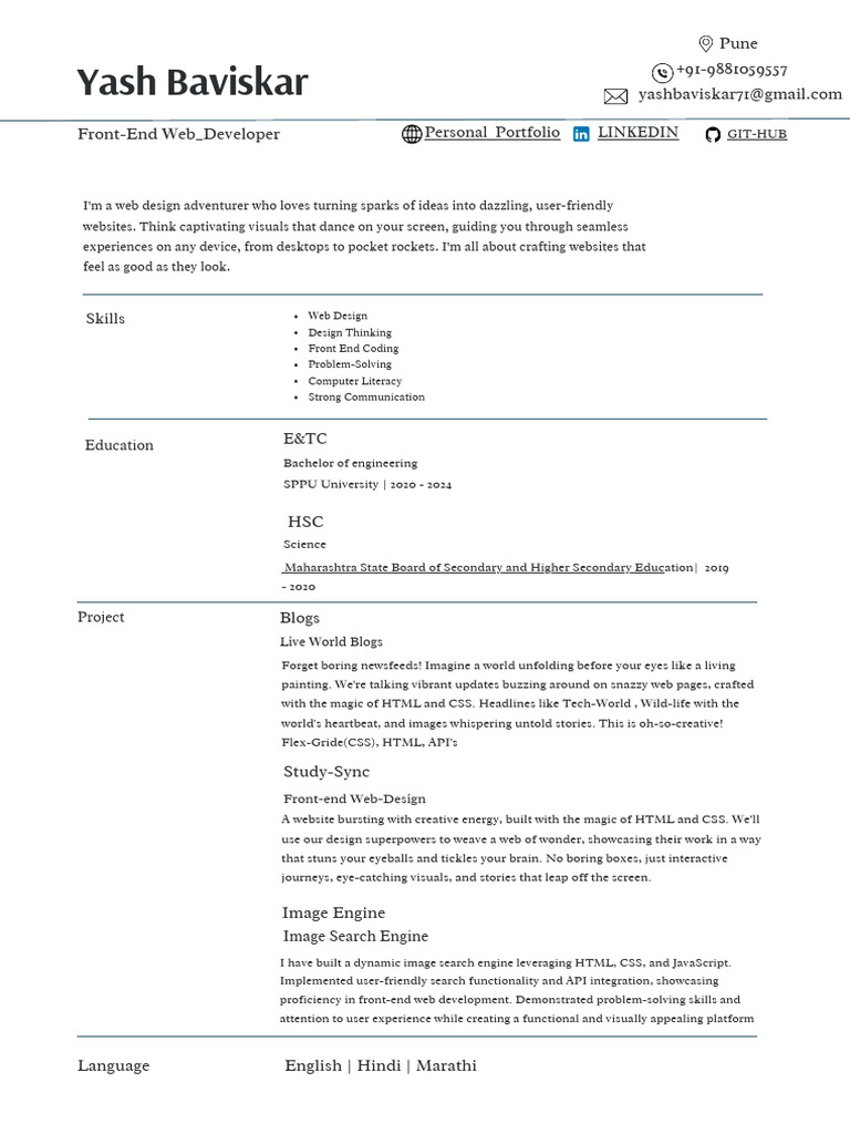 Yash Baviskar CV | PDF | Web Design | World Wide Web