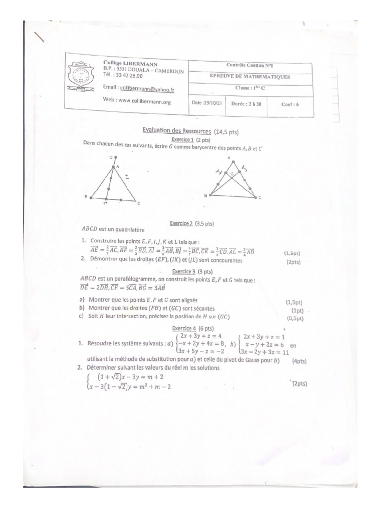 Maths 1ere Evaluation | PDF